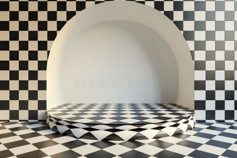 Black and White Checkered Room with a Round 3d Podium. Generated AI ...