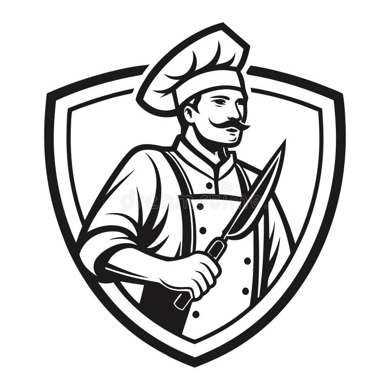 Black and White Chef Illustration Holding Knife in Shield Stock Vector ...