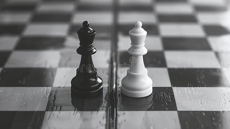 Black and White Chess Kings Facing Each Other on Shiny Reflective Board ...