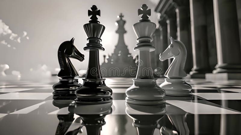 Black and White Chess Pieces on a Board in Front of Columns Stock Video ...