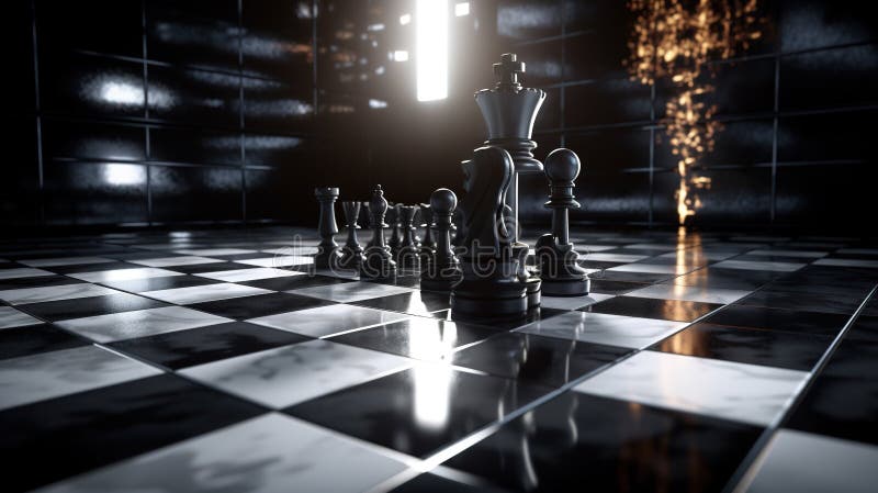 A Black and White Chess Set on a Black and White Checkered Floor Stock ...