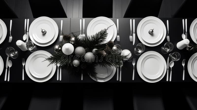 Black and White Christmas Table Setting with Silverware, AI Stock ...