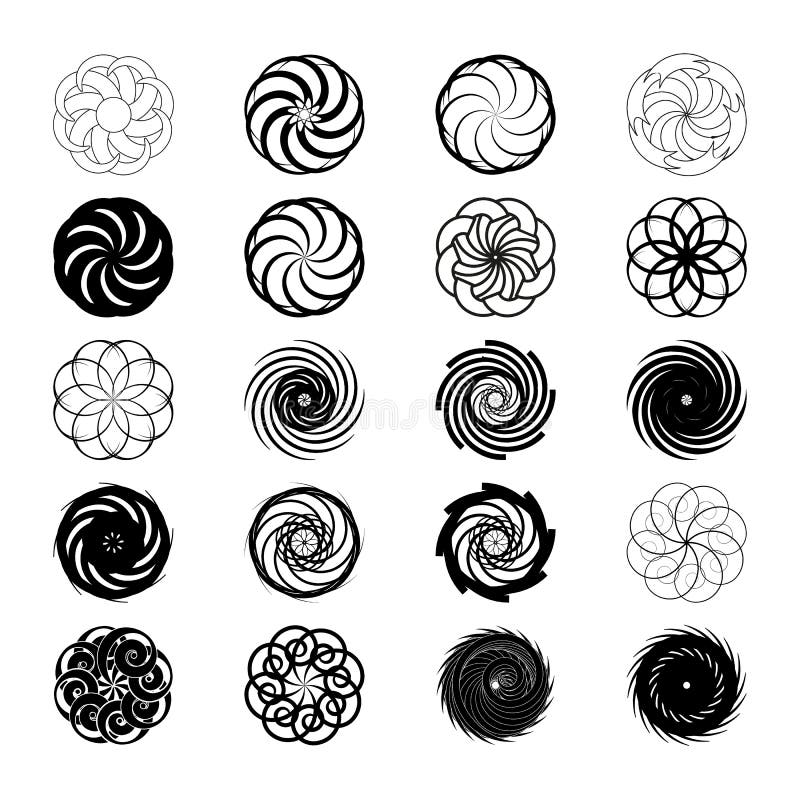 Black and White Circular Pattern. a Set of 20 Elements of Spiral and ...
