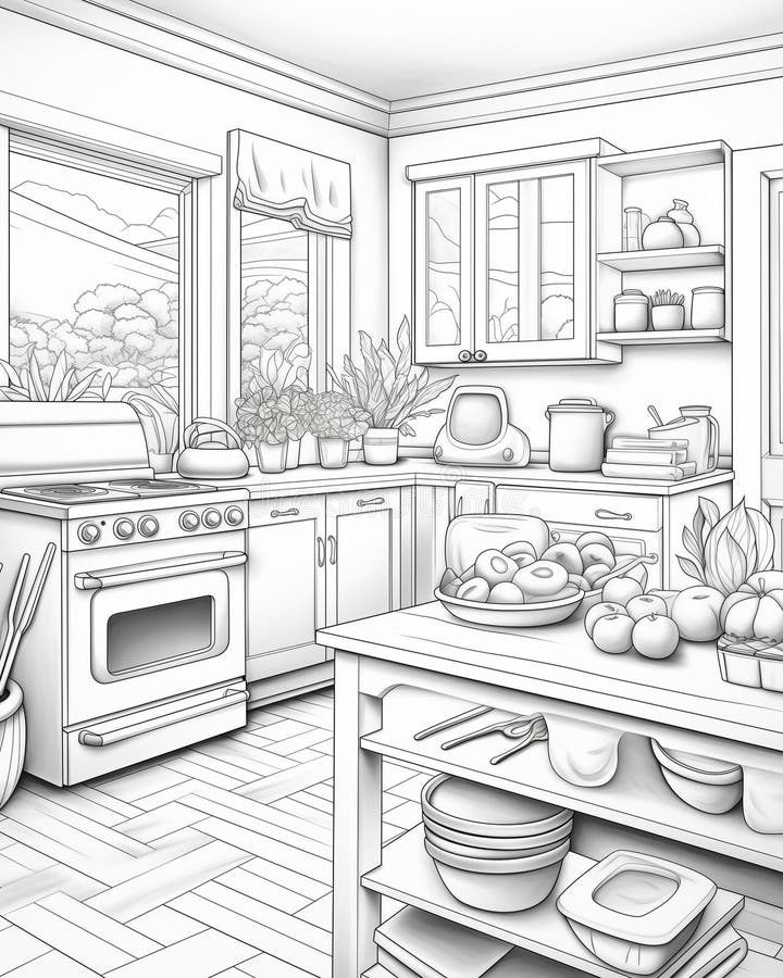 Black and White Clean Coloring Page for Adults. Kitchen Stock ...