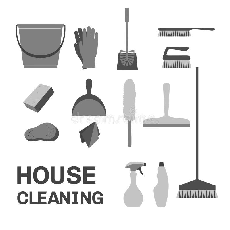 Black and White Cleaning Tools Stock Vector - Illustration of mopping ...