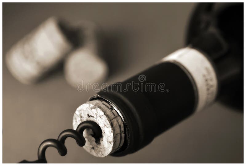 Black and White Close Up of Corkscrew Uncorking a Bottle of Wine Stock ...