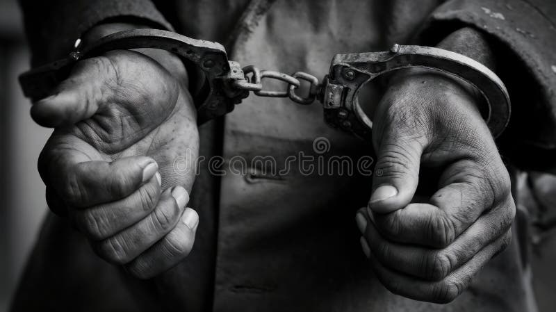 Black and White Close-up of Hands in Rusty Handcuffs Stock Illustration ...