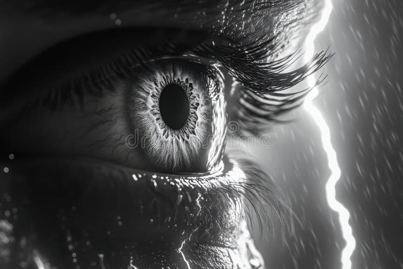 A Black and White Close-Up of a Human Eye, Pupil Reflecting a Dramatic ...