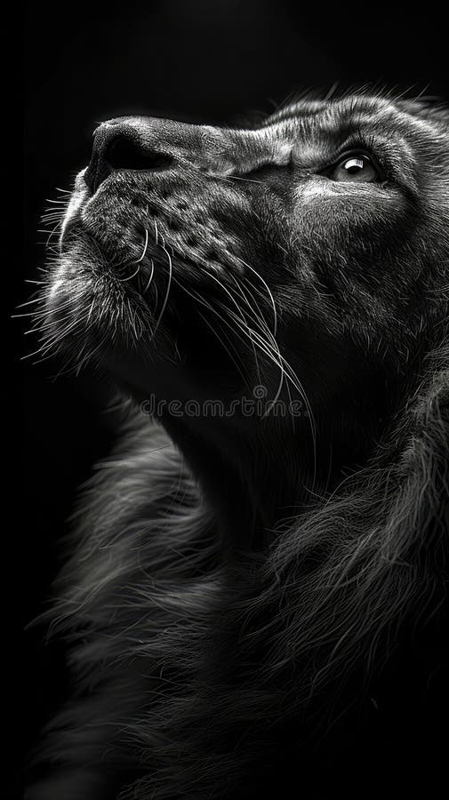 A Black and White Close Up of a Lion Looking Up Stock Illustration ...