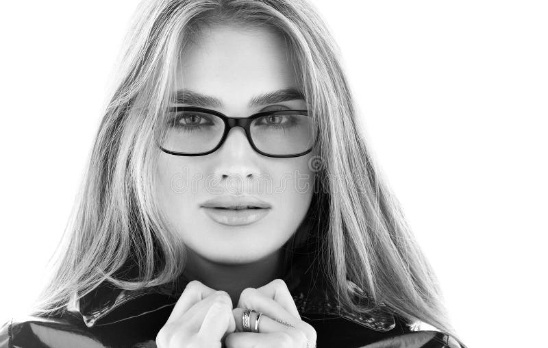 Black And White Closeup Portrait Of Stylish Young Woman In Glasses