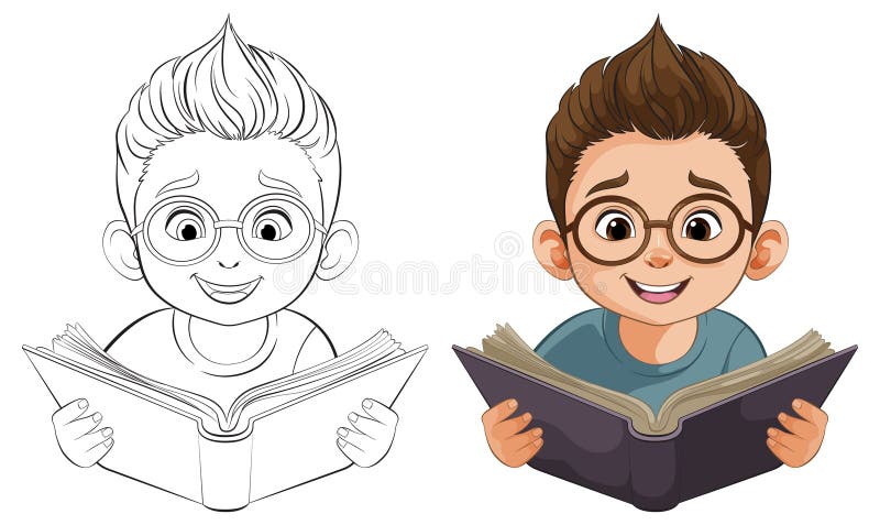 Outline and Colored of a Reading Boy Stock Vector - Illustration of ...