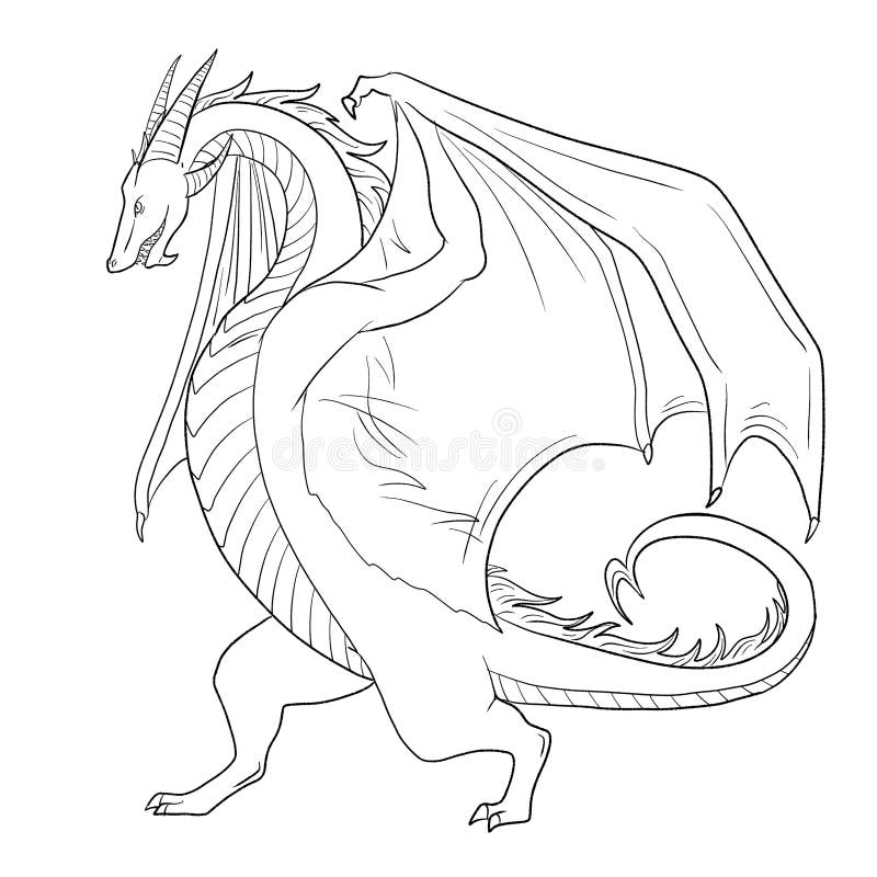 Black and White Coloring Page Ink Illustration of a Dragon Stock ...