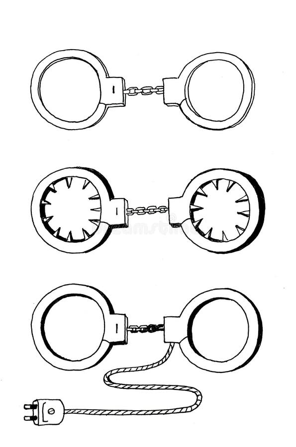 Black and White Comic Cartoon. Hand Drawing of Three Differet Handcuffs ...