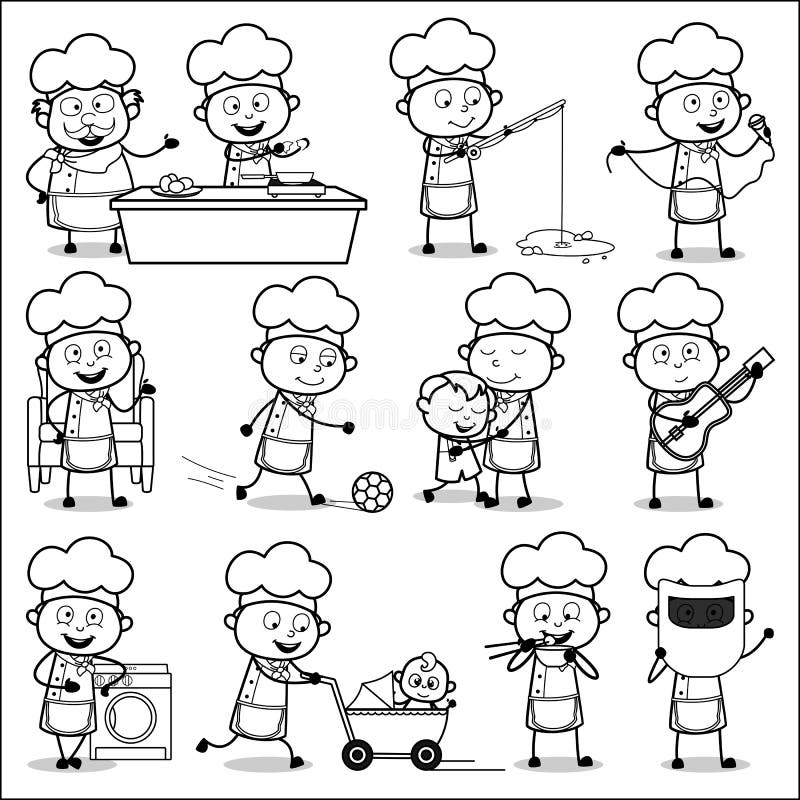 Black and White Comic Chef - Set of Concepts Vector Illustrations Stock ...