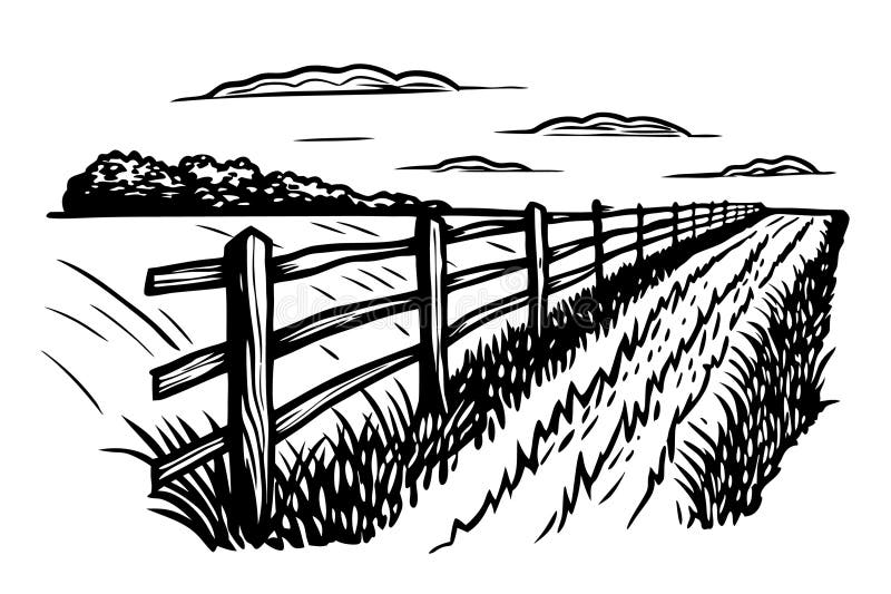 Black and White Countryside Fence Alongside Open Field with Cloudy Sky ...