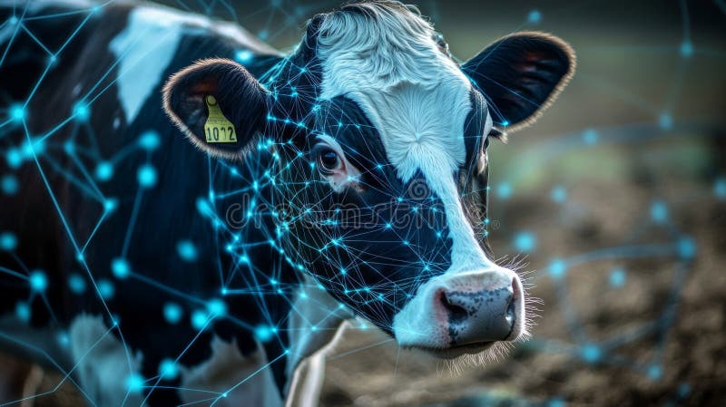 Black and White Cow with Digital Network Overlay Stock Illustration ...