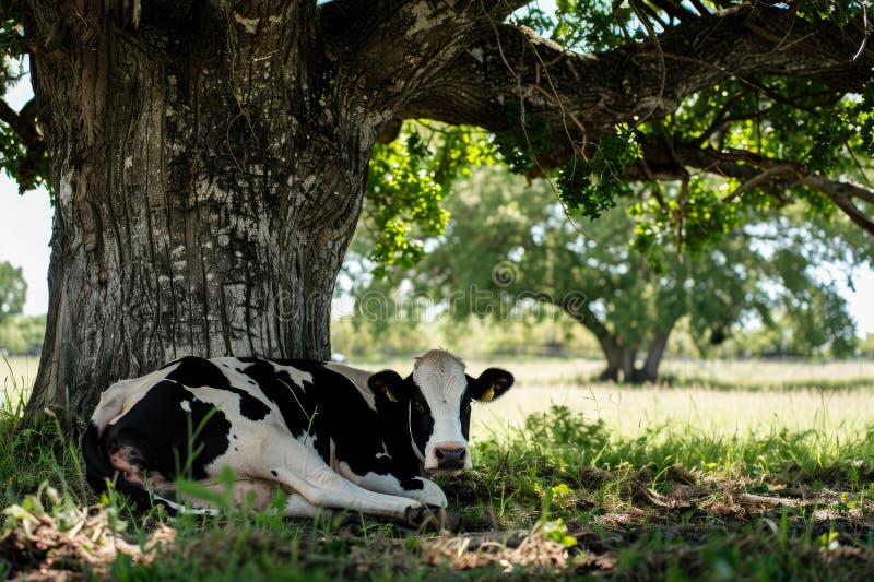 Black and White Cow Resting Under a Tree Stock Illustration ...