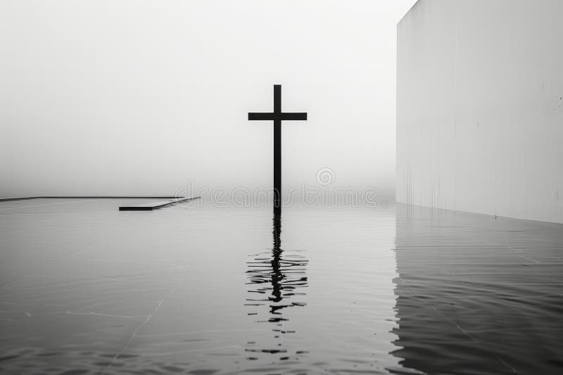 Black and White Cross Standing in Calm Water, Casting a Reflection on ...