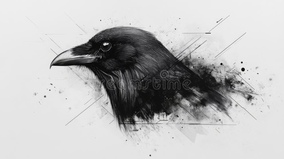 Black and White Crow Sketch with Splatter Background Stock Illustration ...