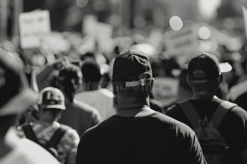 Black and White of a Crowd Marching Outdoors Holding Protest Signs ...