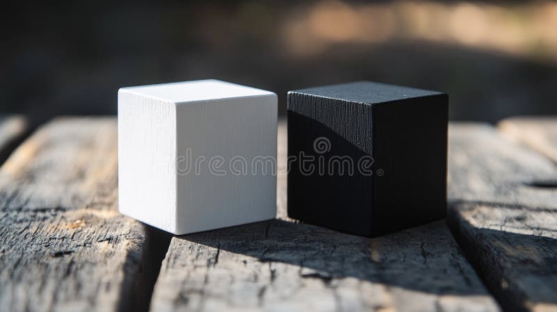 Black and White Cubes Positioned on a Textured Wooden Surface Outdoors ...
