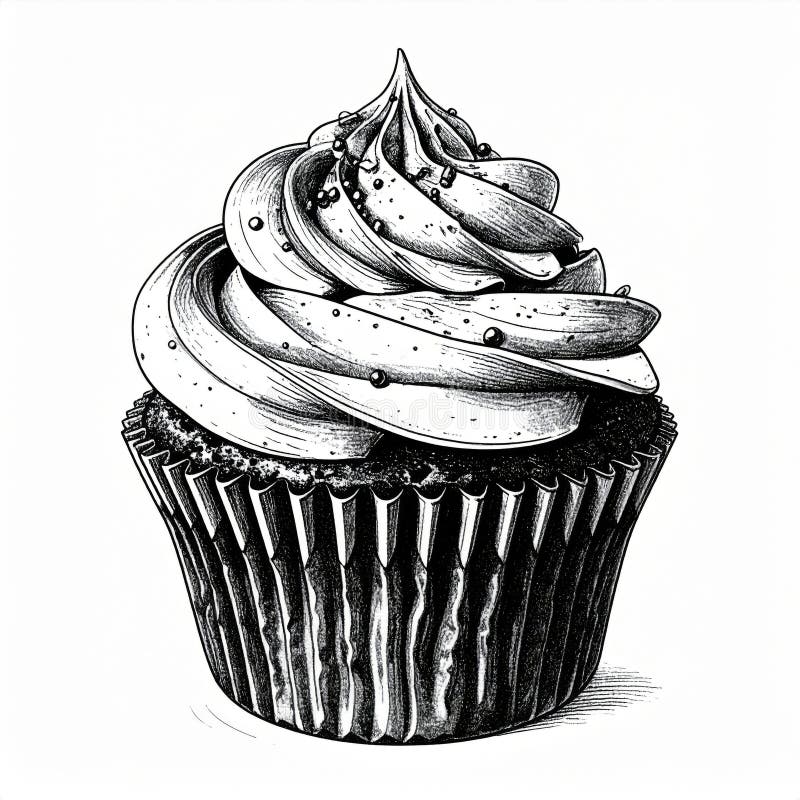 Black and White Cupcake Drawing with Swirled Frosting Stock ...