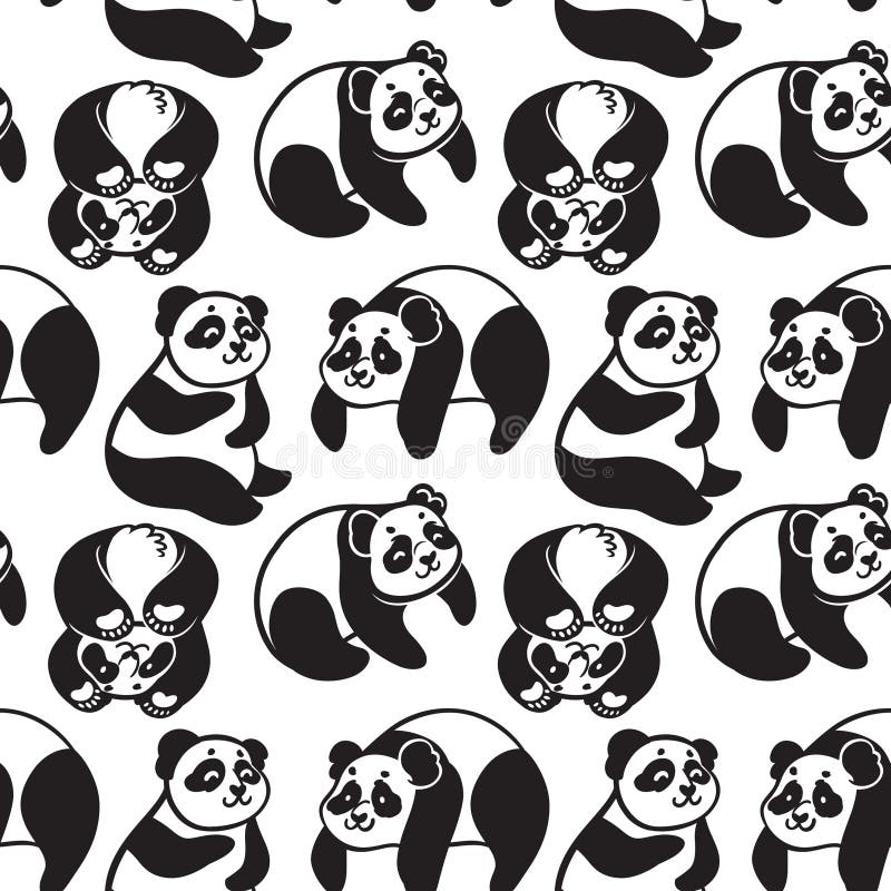 Black and White Cute Cartoon Pandas. Seamless Pattern in Vector Stock ...