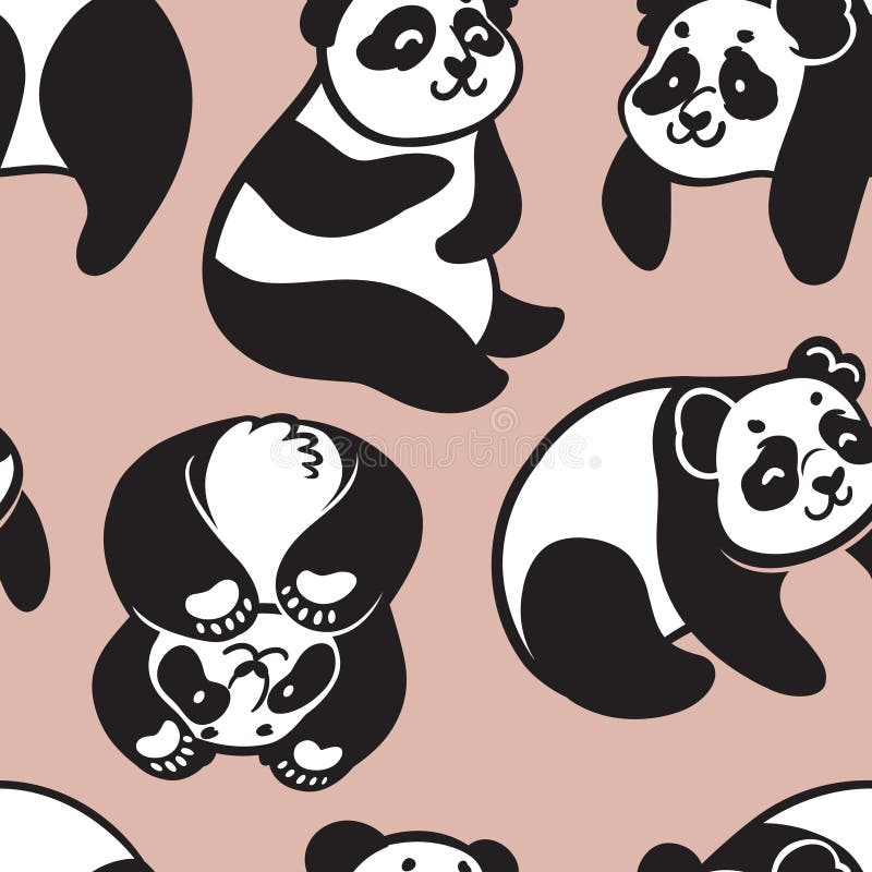 Black and White Cute Cartoon Pandas on Very Soft Red. Seamless Pattern ...