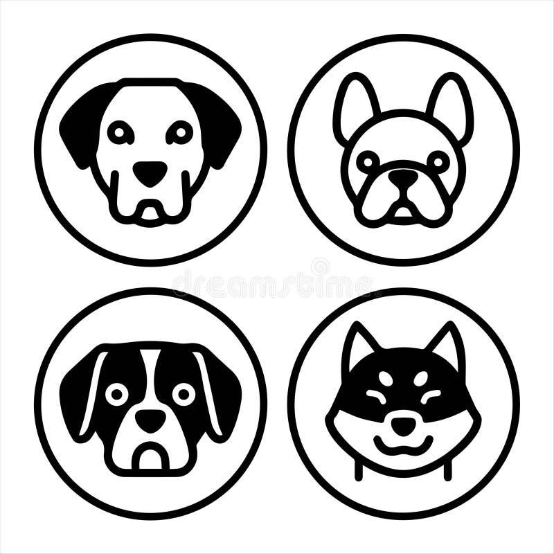 Black and White Cute Dog Circle Icons Design Set Stock Vector ...