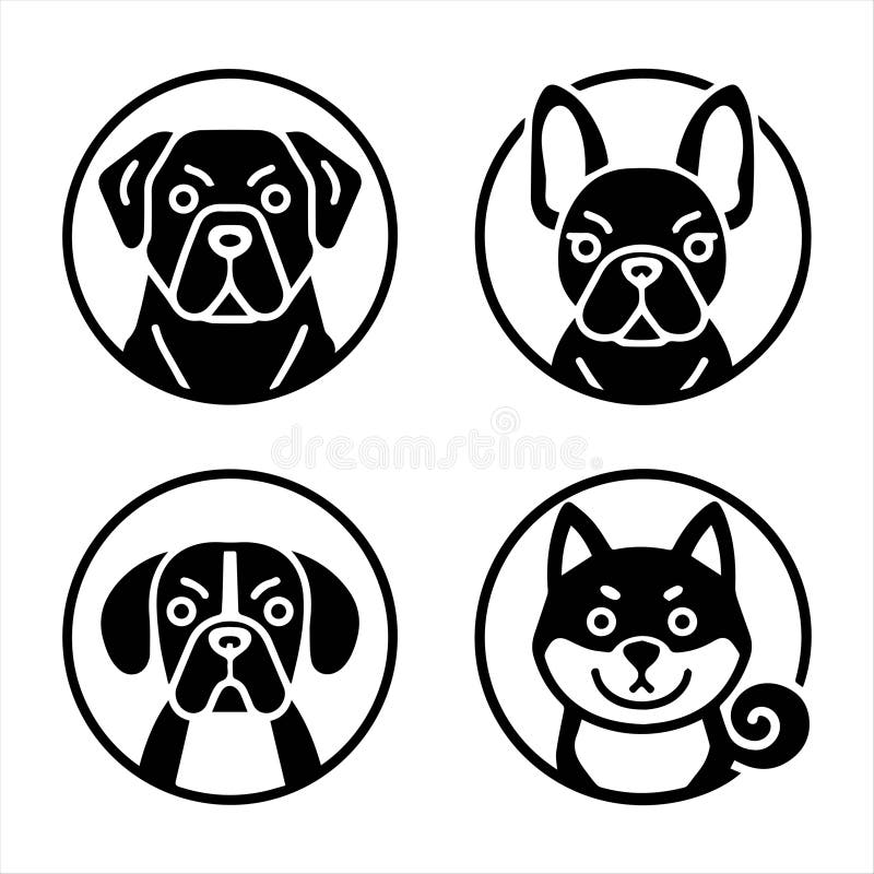 Black and White Cute Dog Circle Icons Design Set Stock Vector ...