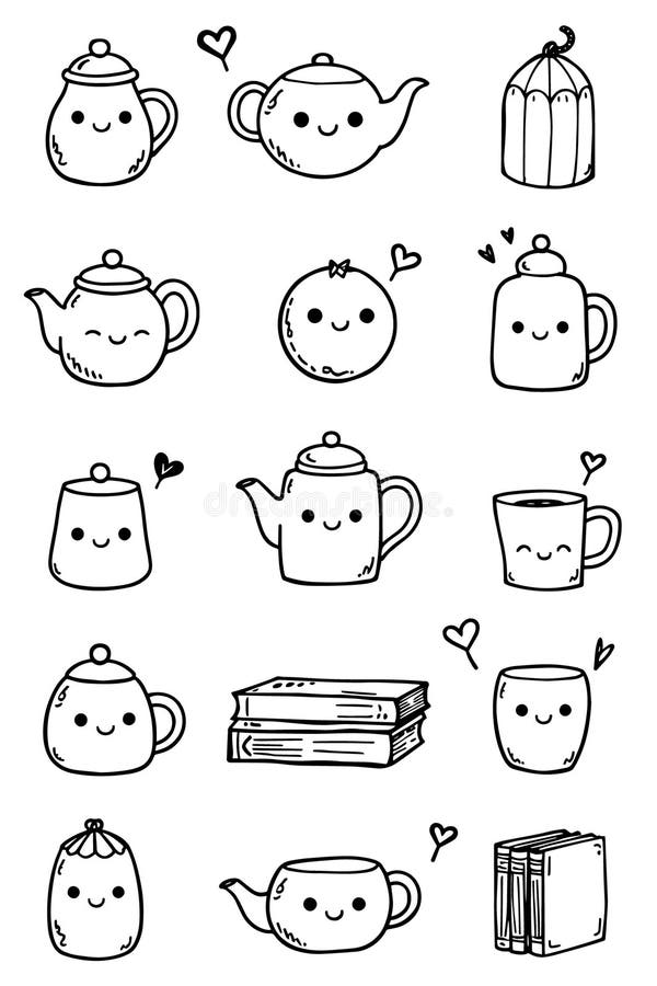 Black and White Cute Objects with Tiny Faces Vector Set, Ideal for Fun ...