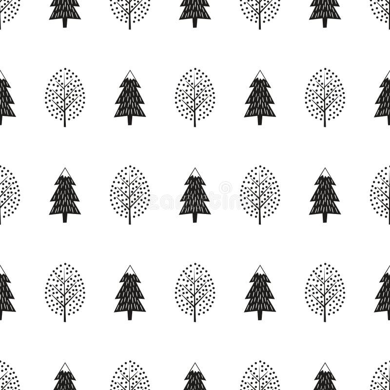 Black and White Cute Winter Trees Seamless Pattern. Stock Vector ...