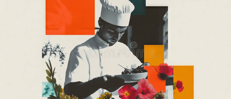 Collage of a Chef Preparing a Dish with Geometric Shapes and Floral ...