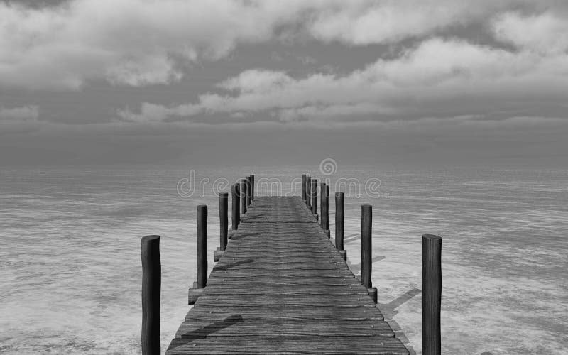 Black and White 3D Image of a Jetty Landscape Stock Illustration ...