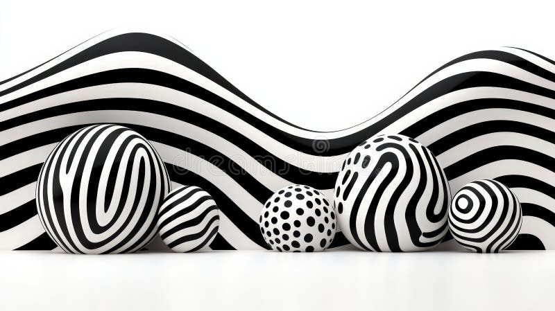 Black and White Decorative Balls on White Background with Wavy Lines ...