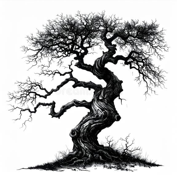 Black and White Detailed Drawing of an Old Twisted Tree Stock ...
