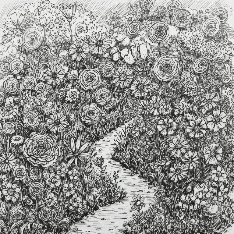 Black and White Detailed Drawing of a Winding Path through Dense ...