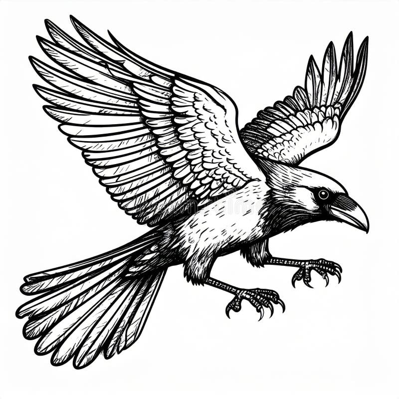 Black and White Detailed Illustration of a Raven in Flight Stock ...