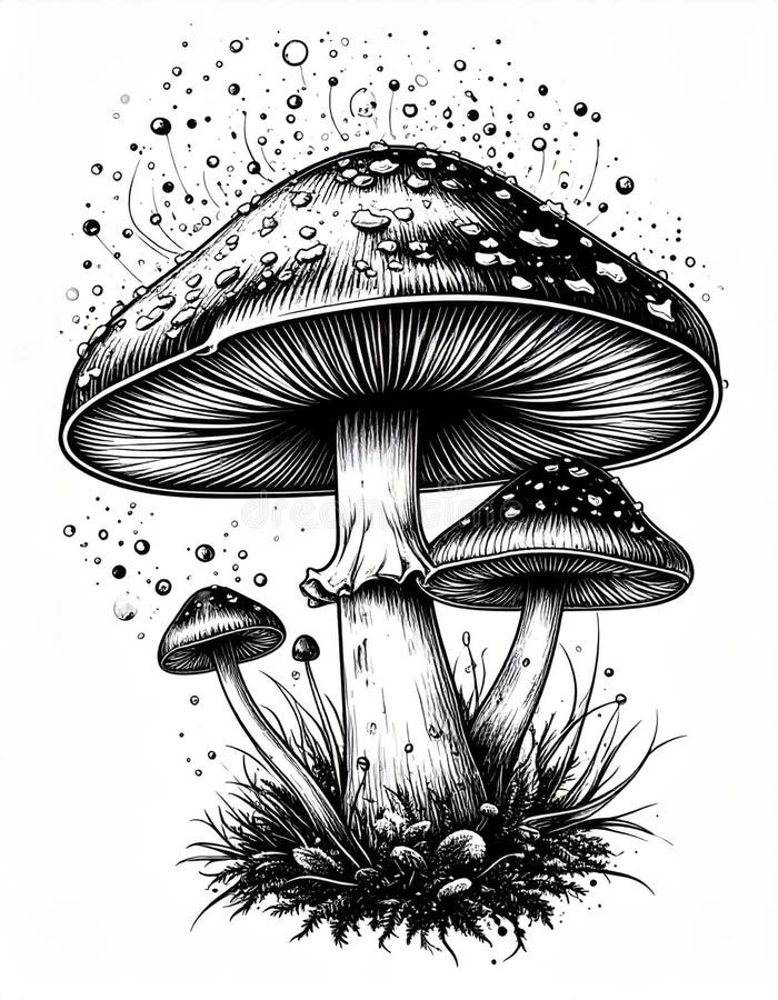 Black and White Detailed Mushroom Illustration Stock Illustration ...