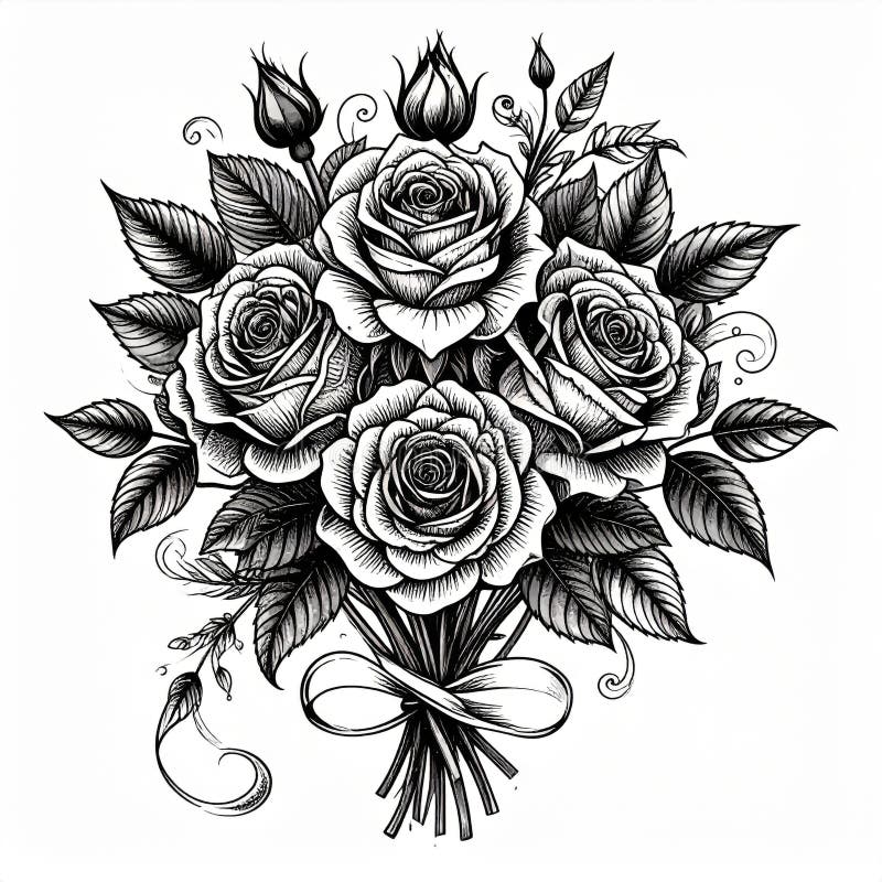 Black and White Detailed Roses Bouquet Illustration Stock Illustration ...