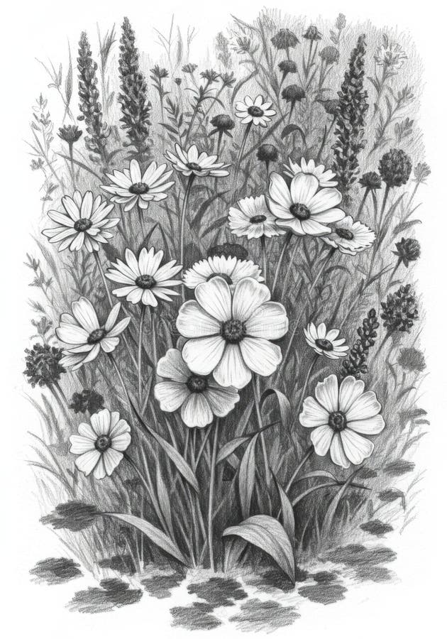 Black and White Detailed Wildflower Drawing Stock Illustration ...