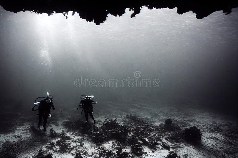 Black and White Diver Underwater View with Figures of Scuba Divers at ...