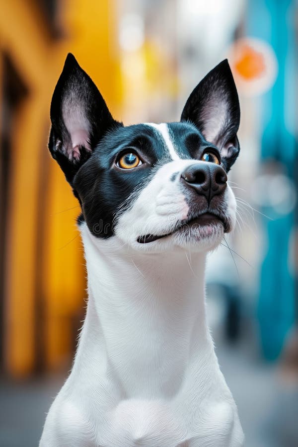 A Black and White Dog with Blue Eyes Looking Up at the Camera Stock ...