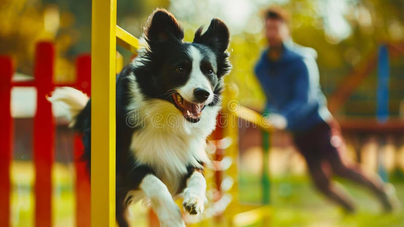 A Black and White Dog Running through an Obstacle Course Stock Photo ...