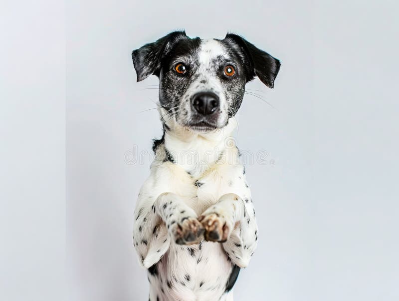 A Black and White Dog Standing Up with Its Paws on the Ground Stock ...