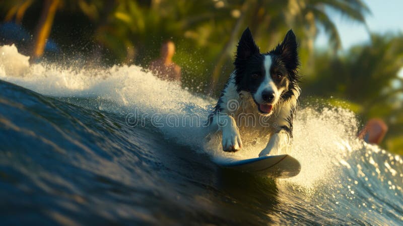 Black and White Dog Surfing Ocean Wave on Tropical Beach Stock ...
