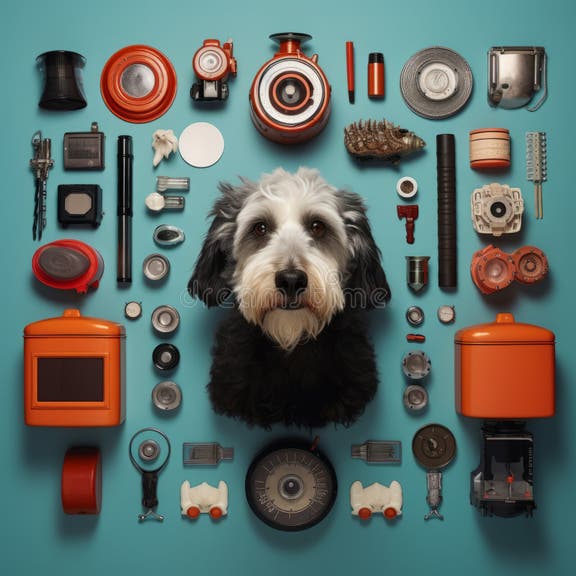 A Black and White Dog Surrounded by Various Objects Stock Illustration ...