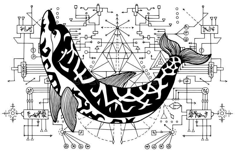 Black and White Dolphin Against Sacred Geometry Background Stock Vector ...
