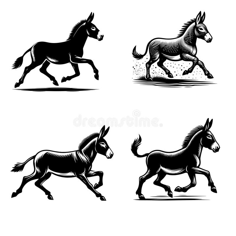 Black and White Donkey Vector Illustrations Set of 4 Trotting Donkey ...