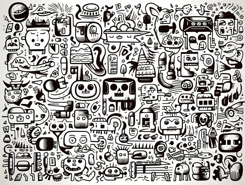 Black and White Doodle of Various Objects Stock Illustration ...
